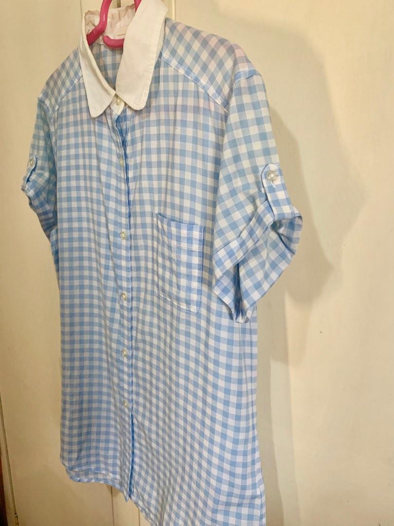 Light Blue and White checked top with white collar, Women's Fashion ...