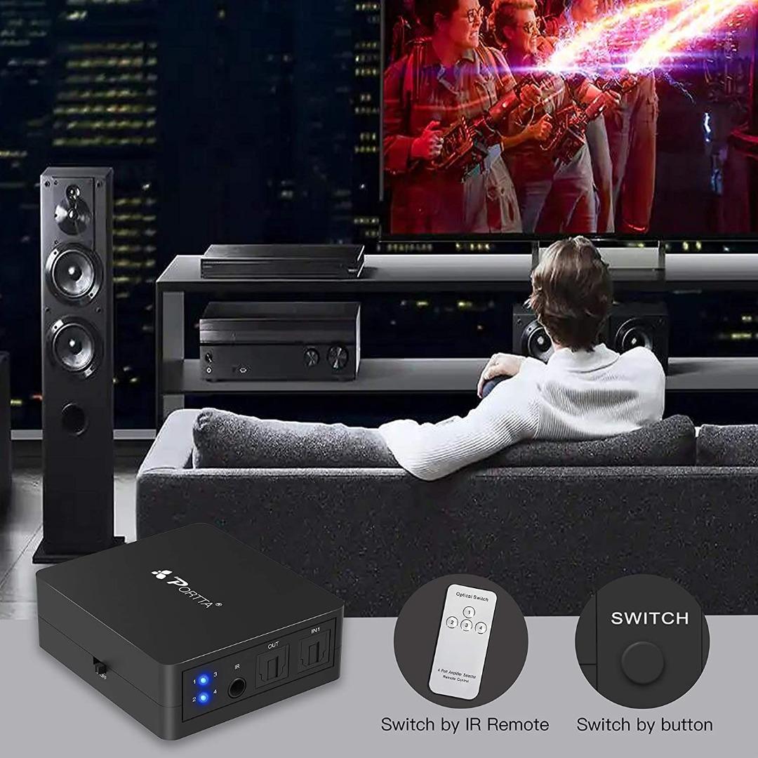 Portta Digital Optical Audio Switcher 4x1 SPDIF Toslink Switch Box with ...