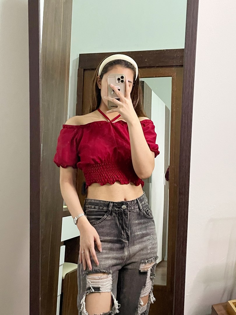 Red Sabrina Top, Fesyen Wanita, Pakaian Wanita, Atasan di Carousell
