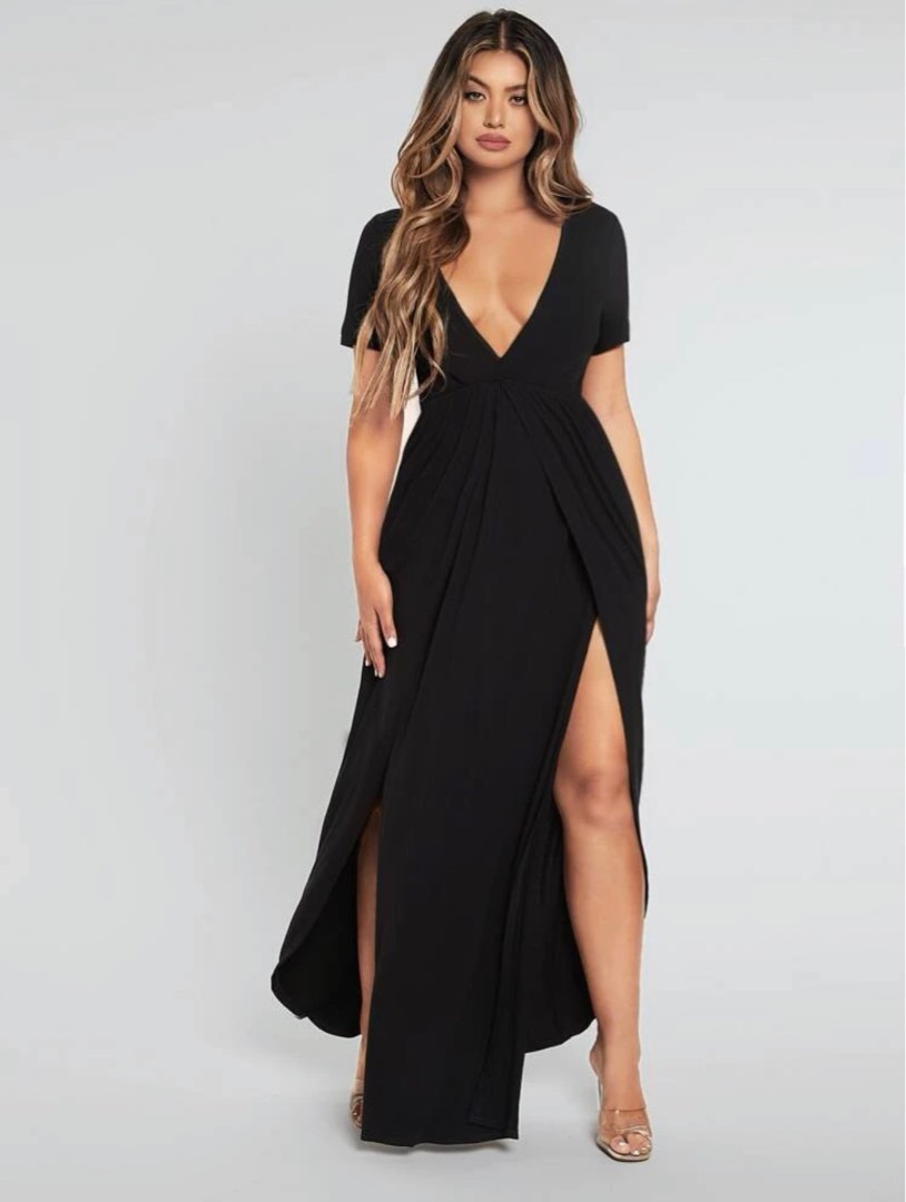 Shein black double slit dress, Women's Fashion, Dresses & Sets, Dresses ...