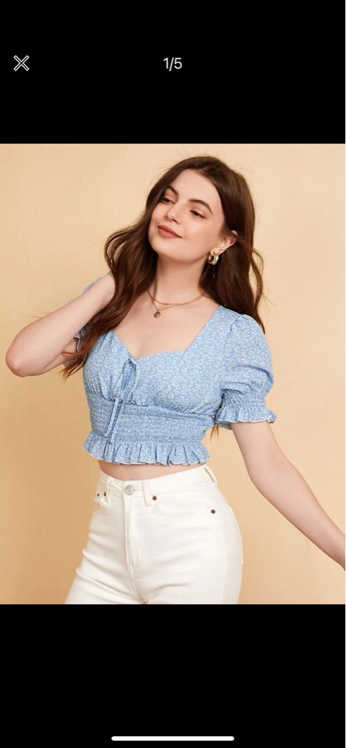 SHEIN Puff Sleeve Tie Front Shirred Panel Allover Plants Crop Top ...