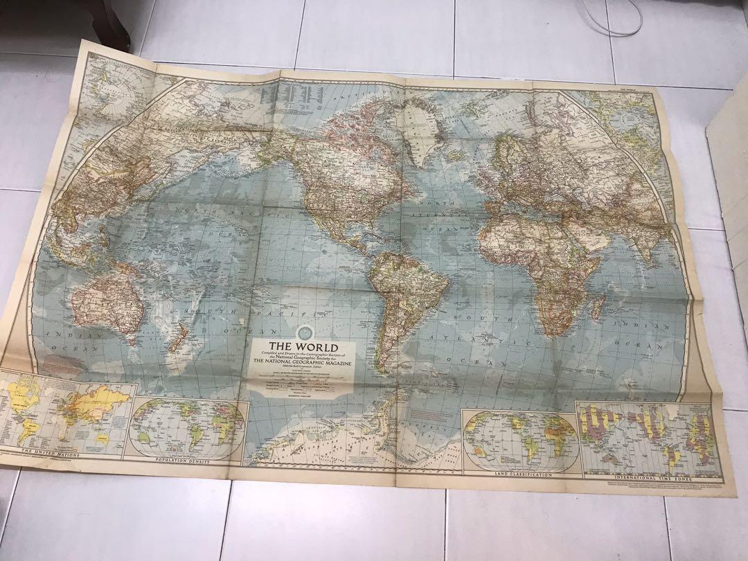Vintage 1957 world map by national geographic, Hobbies & Toys ...