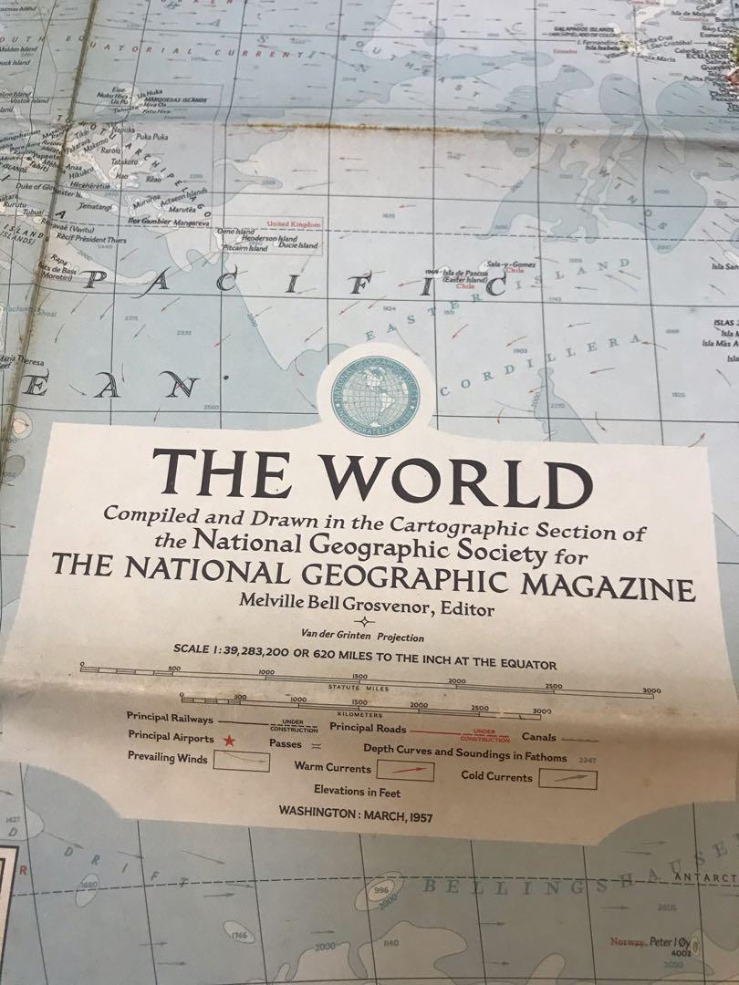 Vintage 1957 world map by national geographic, Hobbies & Toys ...
