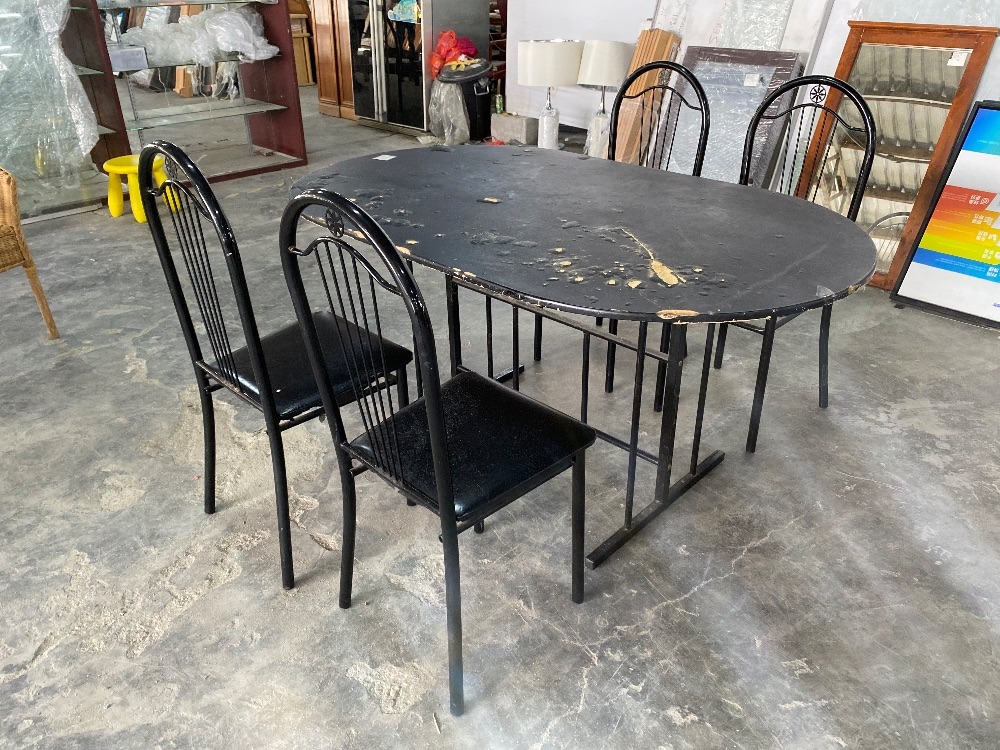Wooden Top Oval Shape Metal Frame Dining Table with 4 Chair Set / Meja ...