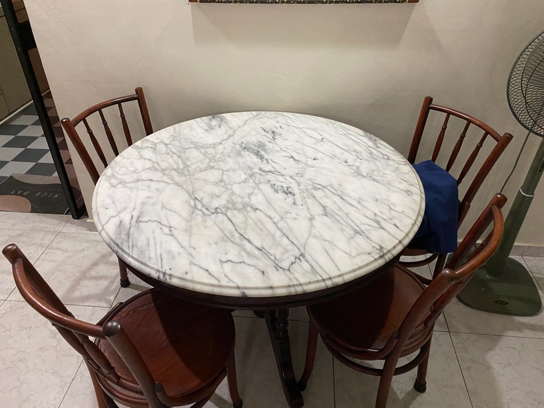 Genuine Kopitiam marble table with 4 chairs, Furniture & Home Living ...