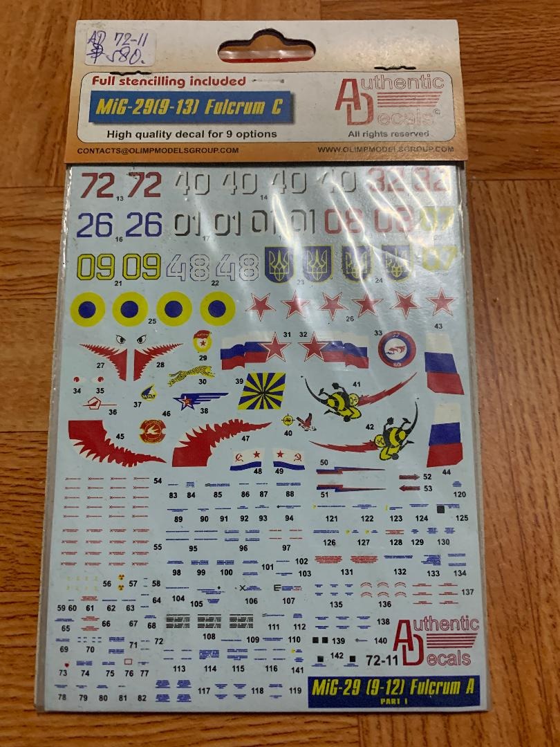 Model Kit: Authentic Decals: 1:72 Scale: MiG-29 (9-12) Fulcrum A PART I Decal Sheet only ...
