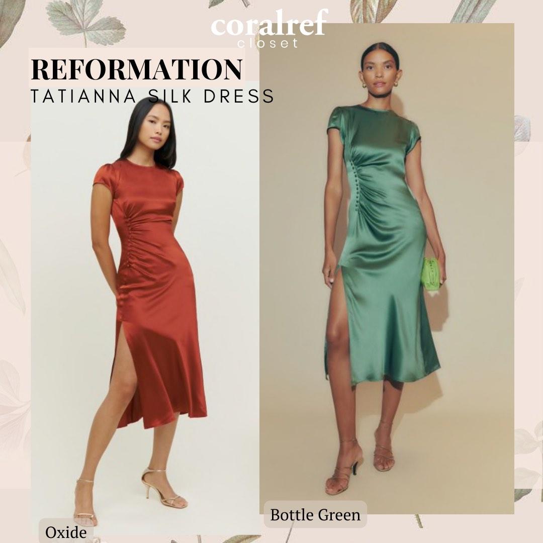 Reformation Tatianna Silk Dress | Oxide Red, Bottle Green, Women's Fashion, Dresses & Sets ...