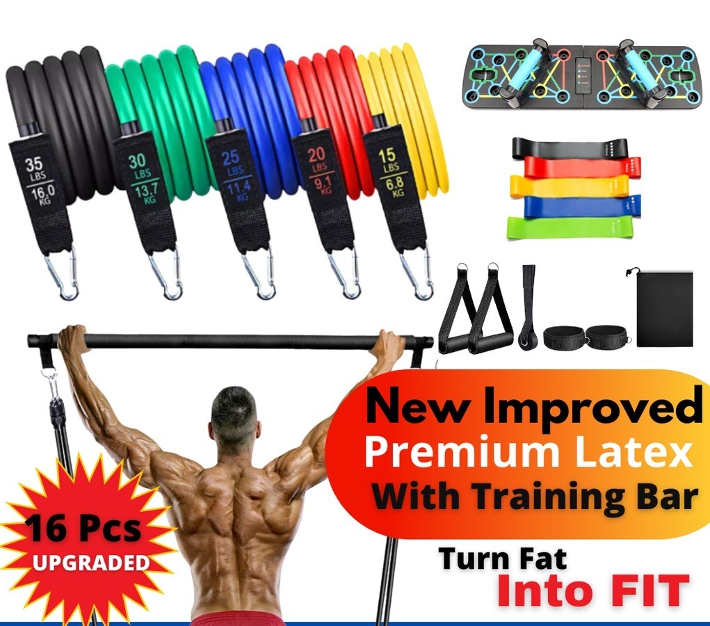 Resistance Band Set - Premium Natural Latex 16 / 11 pcs | Workout Bar ...
