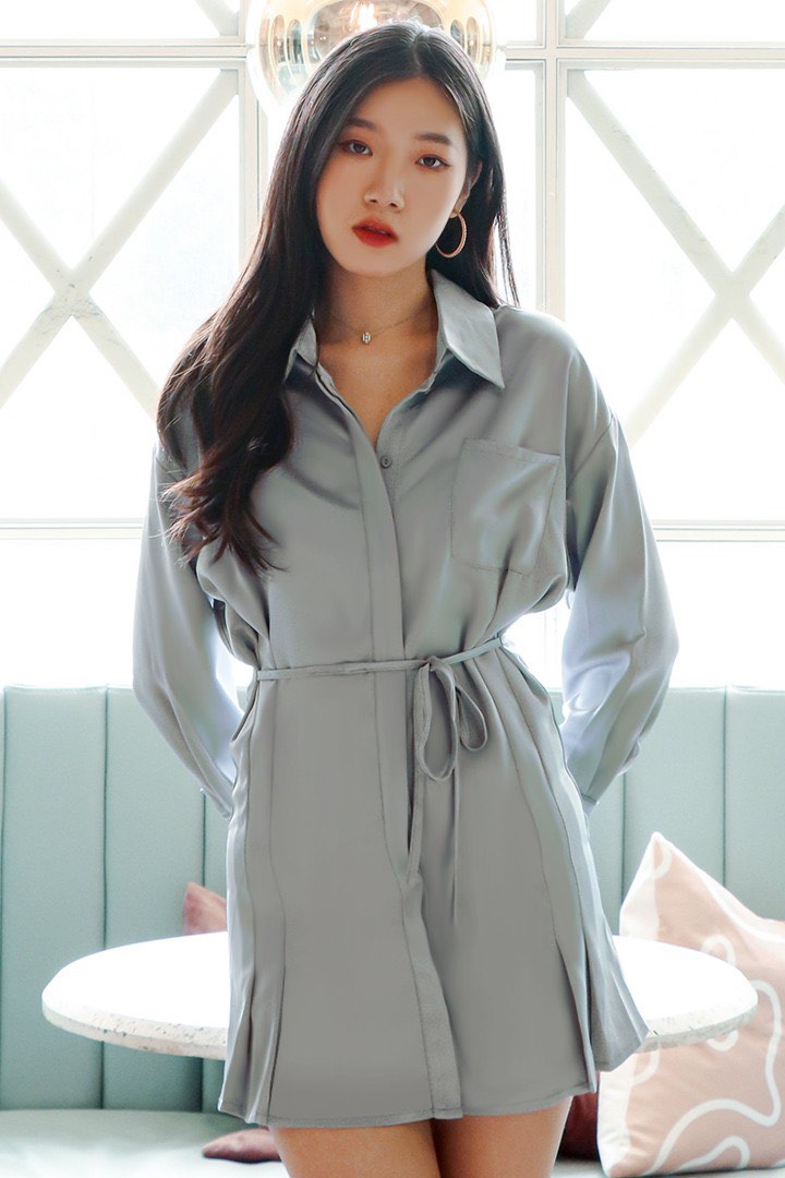 Style Soiree Sheila Satin Shirt Dress in Dusty Blue, Women's Fashion ...
