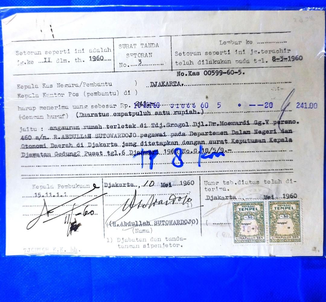 Surat bukti angsuran rumah lawas th.1960 bermeterai 50 sen 2 bh, Antik ...