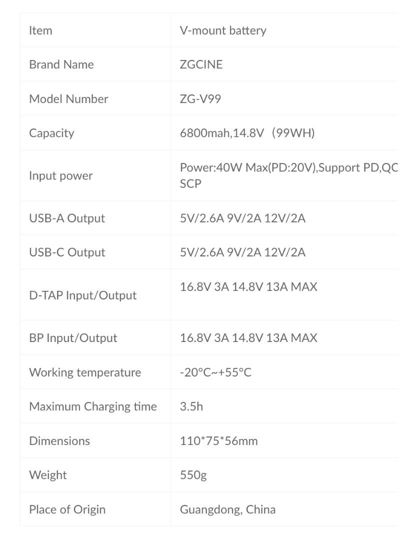 [ZGCINE] ZG-V99 V-MOUNT BATTERY WITH 99WH / 6800MAH POCKET SIZE WITH ...