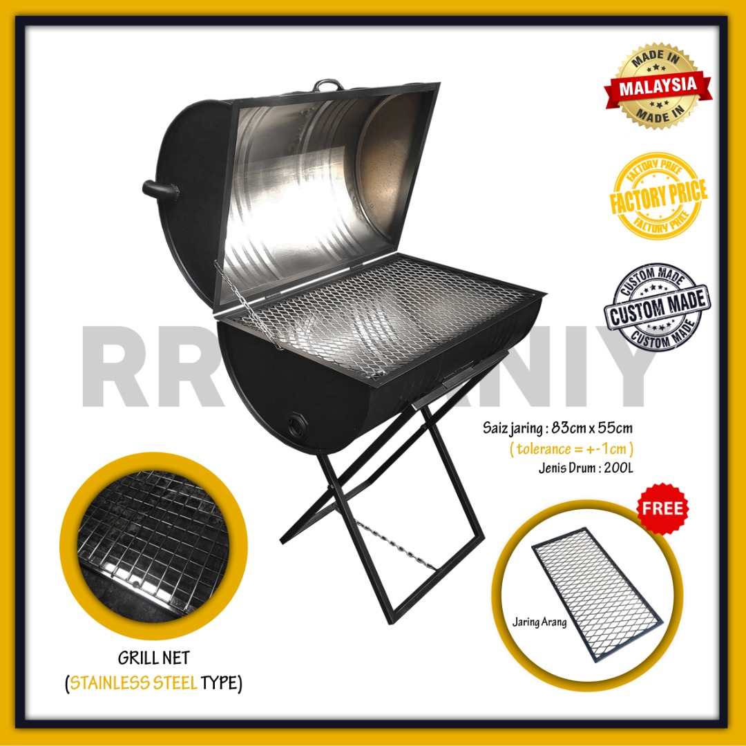 BBQ Grill Outdoor Drum Set Tong Drum 200L BBQ Set Complete With Stainless Steel Grill Net Big ...