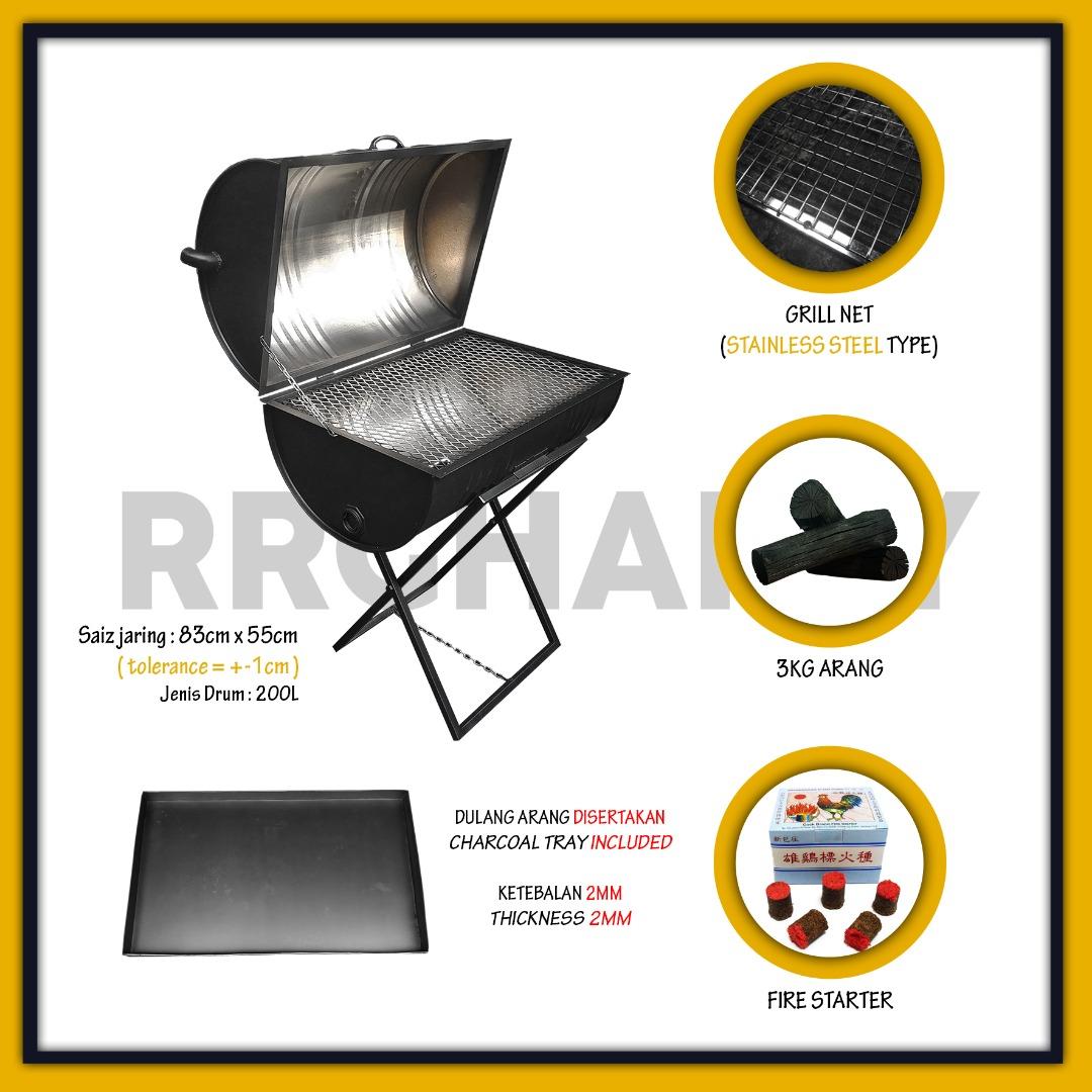 BBQ Grill Outdoor Drum Set Tong Drum 200L BBQ Set Complete With Stainless Steel Grill Net Big ...