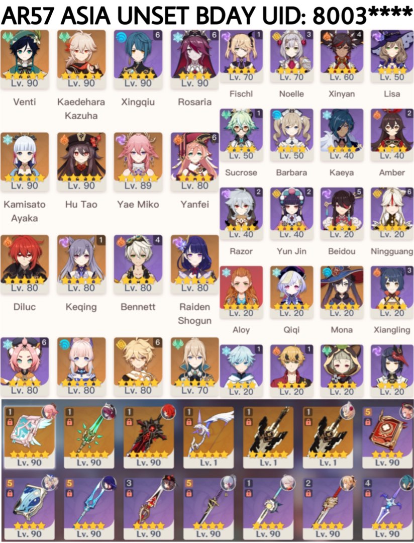 GENSHIN IMPACT AR 57 ASIA OLD UID 8003 YAE MIKO, AYAKA, HUTAO, KOKOMI ...