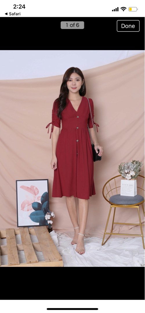 Topazette IVA SCRUNCH BUTTON MIDI IN WINE (M), Women's Fashion, Dresses ...