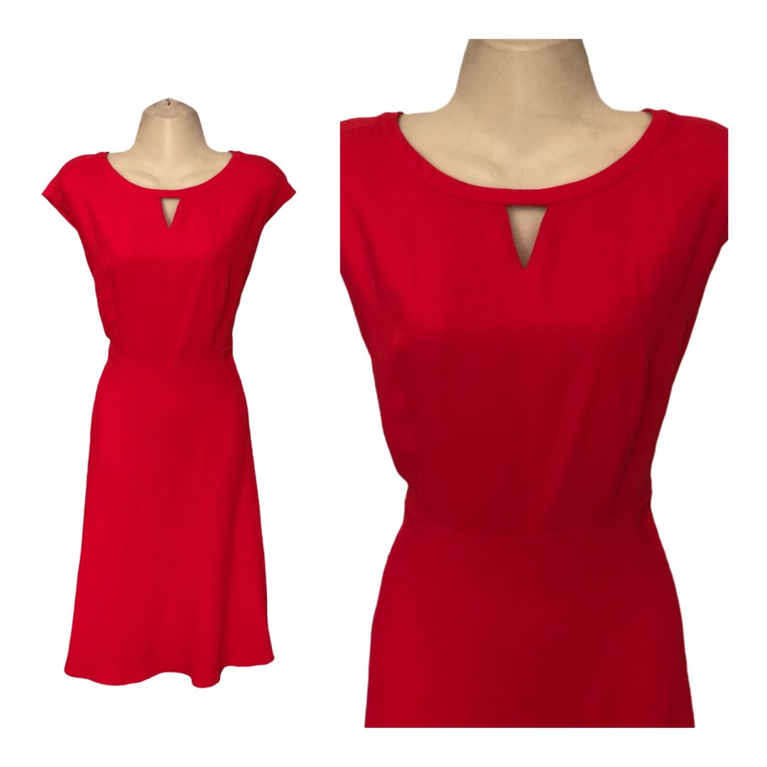 Keyhole Round Neck Red Dress with Side Pockets, Women's Fashion ...