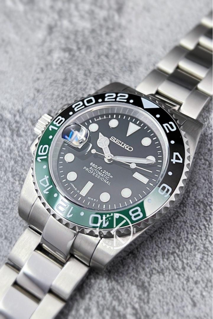 【定制】Seiko Mod Automatic Watch 40mm 潛水款 左霸的黑綠色GMT陶瓷圈黑面 精工改裝自動機械錶, 男裝, 手錶 ...