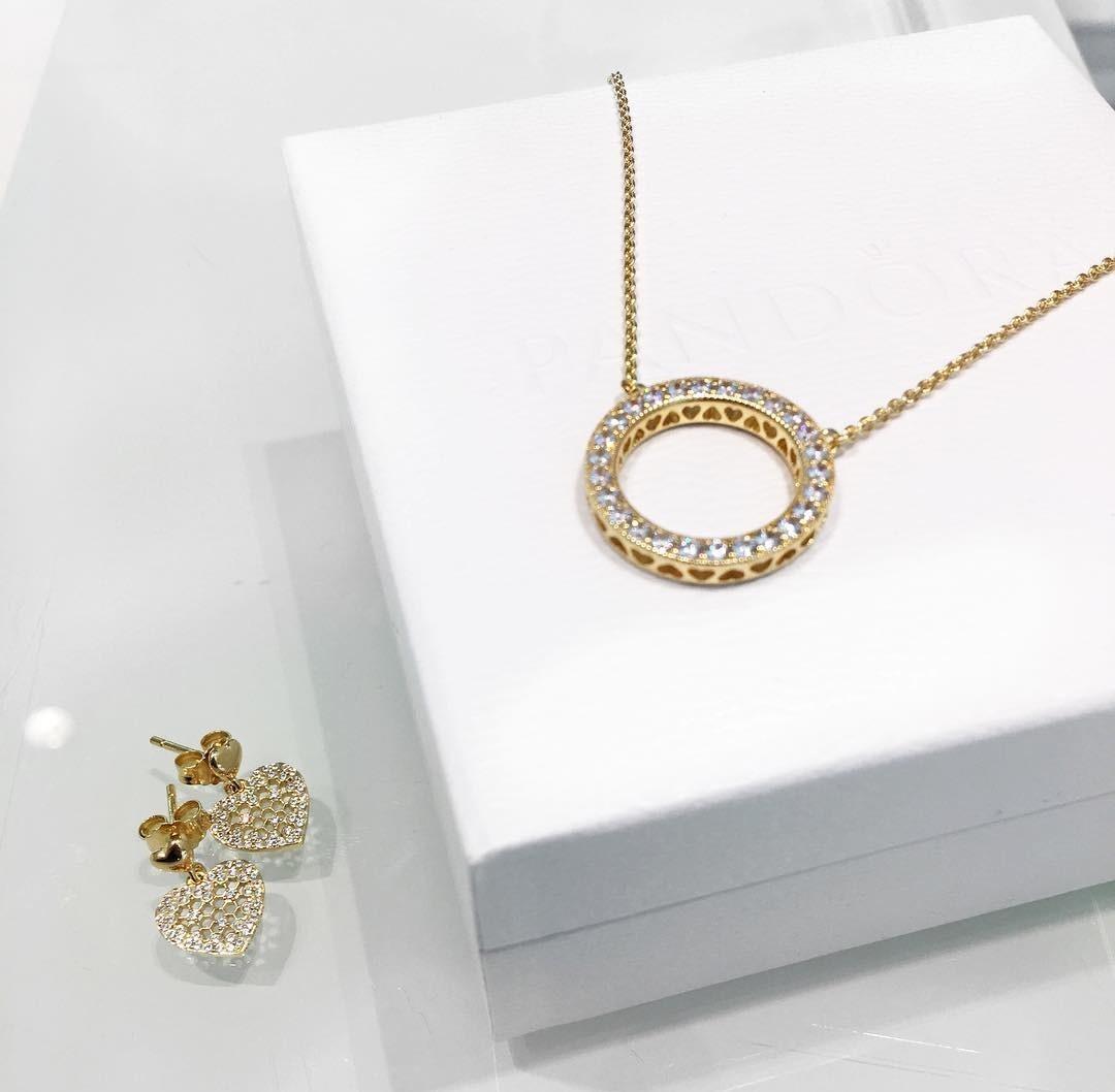 Pandora gold hearts and sparkle necklace with set of Heart gold ...