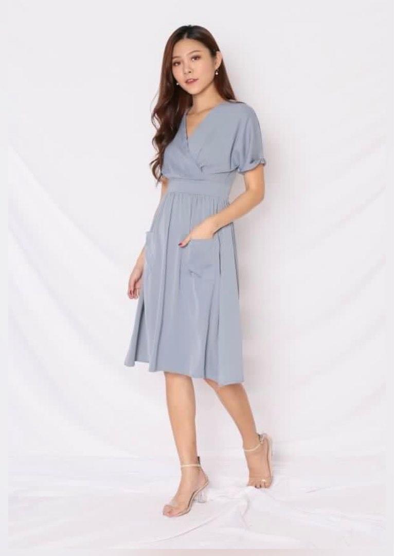 Topazette Gladys Sleeved Dress in Stale Blue, Women's Fashion, Dresses ...