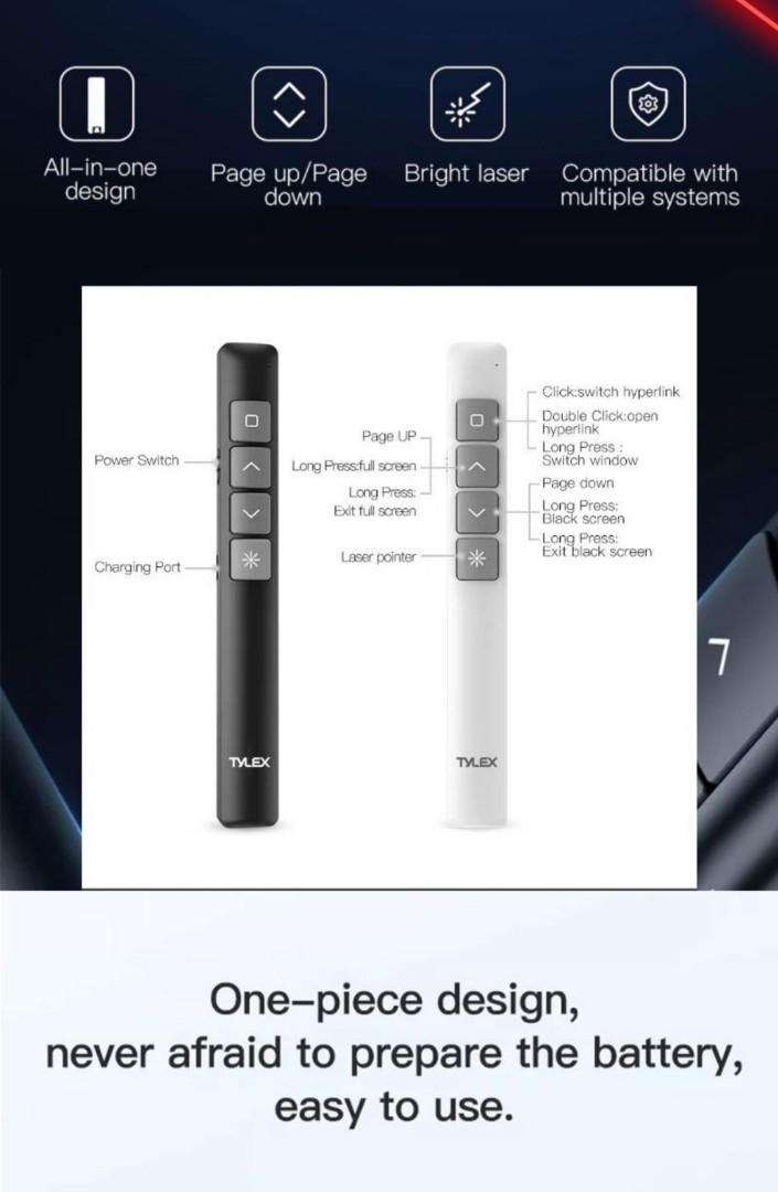 TYLEX XP60 Top grade business PPT Laser Pointer 2.4GHz Multi-OS Compatible Plug and Play Light ...