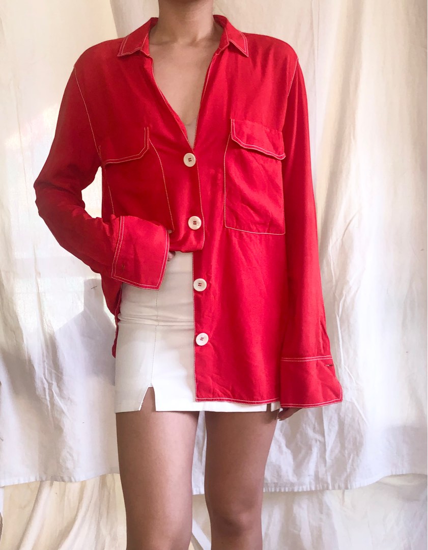 Zara red top with contrast stitching, Women's Fashion, Tops ...
