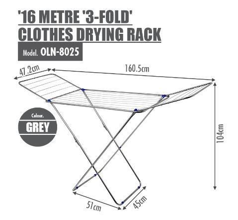 16 Metre '3-Fold Wing' Clothes Drying Airer Rack (Grey) - HKS0299 ...