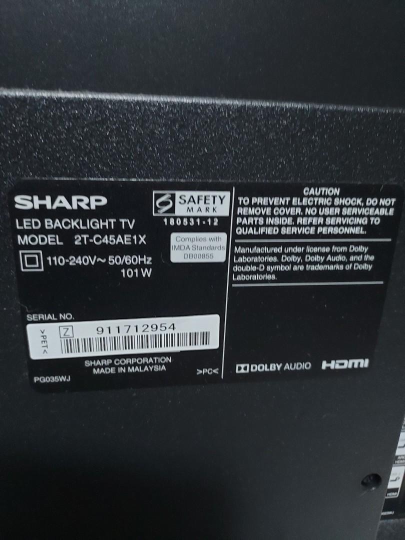45inch Sharp LED TV 2T C45AE1X, TV & Home Appliances, TV ...
