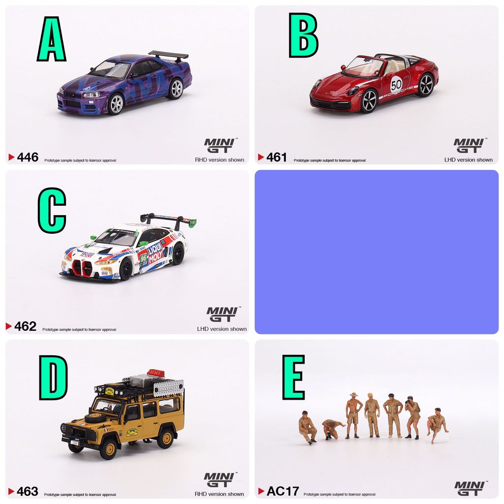 預訂 pre-order**** MiniGT No 446 Nissan Skyline GTR R34 No 461 Porsche 911 Targa No 462 BMW M4 GT3 ...