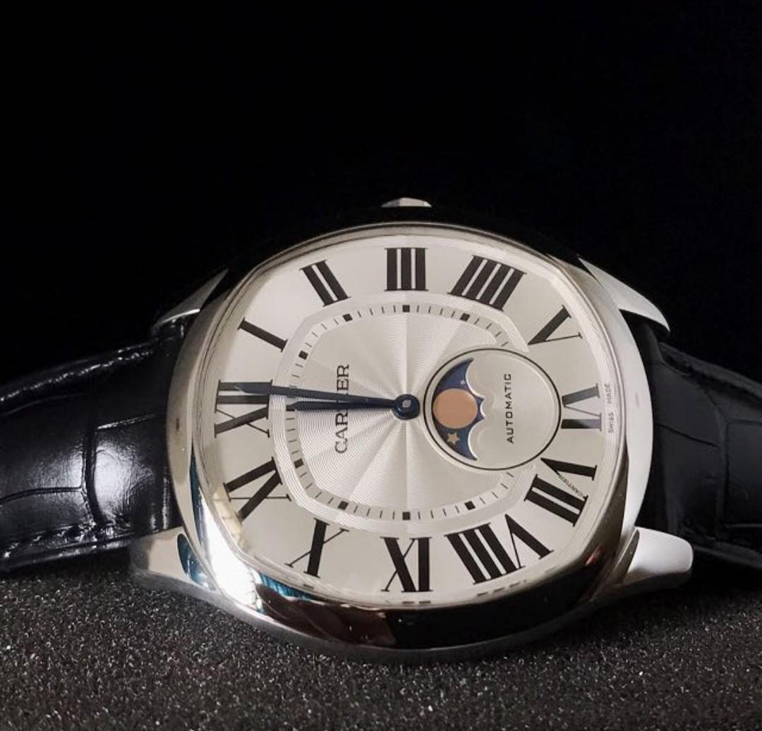 BNIB Cartier Drive De Cartier Moon phase Automatic Black Leather Watch ...