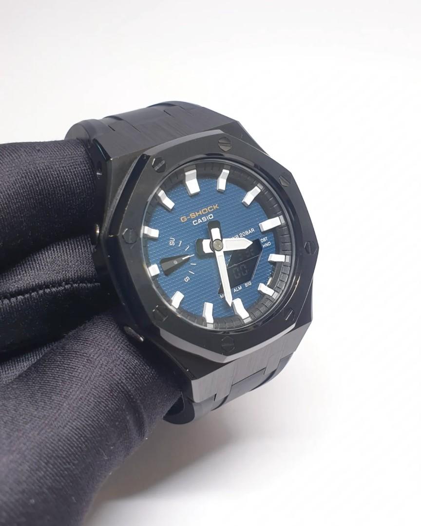 Casioak GA-2100 blue checker face with white index in black bezel black ...