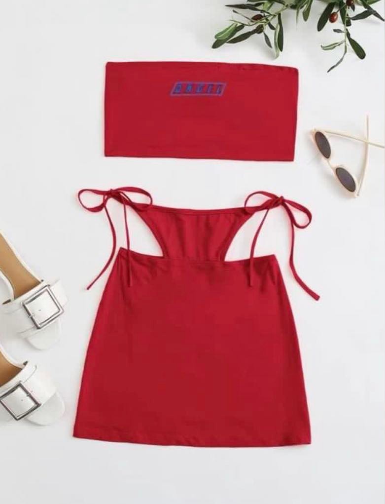 SHEIN: Red “Angel” print crop top tube with skirt-like bikini set ...