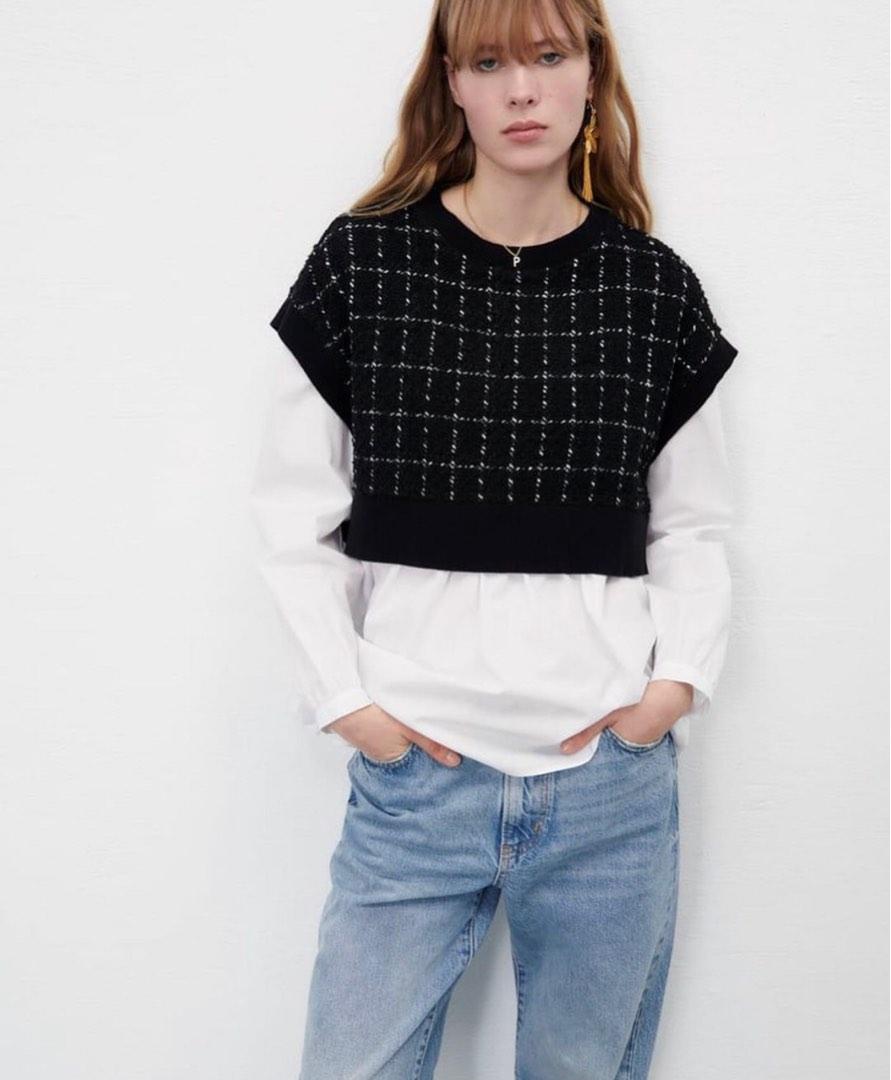 Zara contrast textured top, Women's Fashion, Tops, Longsleeves on Carousell