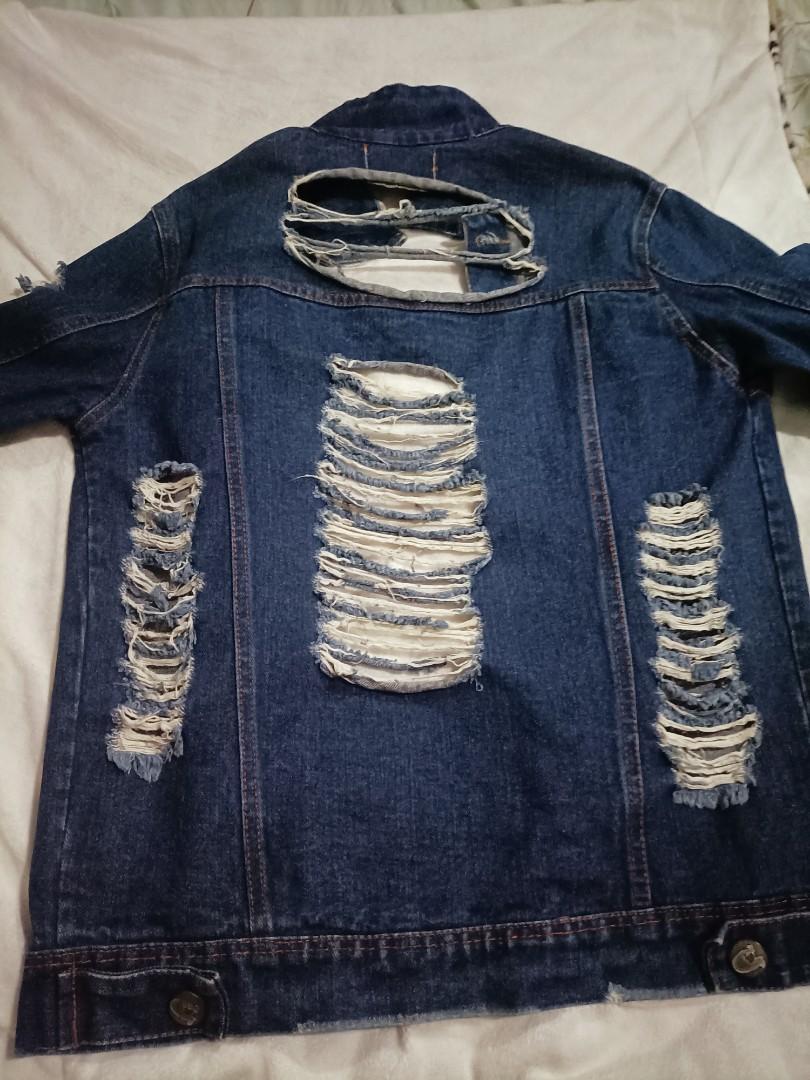 hq tattered denim jacket, Women's Fashion, Coats, Jackets and Outerwear ...