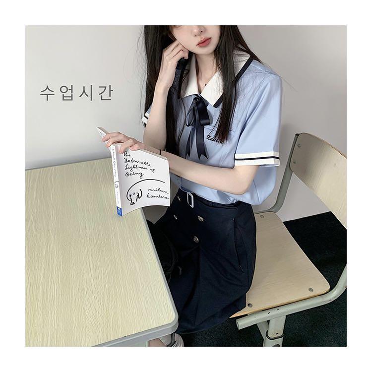 Korean JK Uniform suit school uniform blue shirt, Women's Fashion, Tops ...