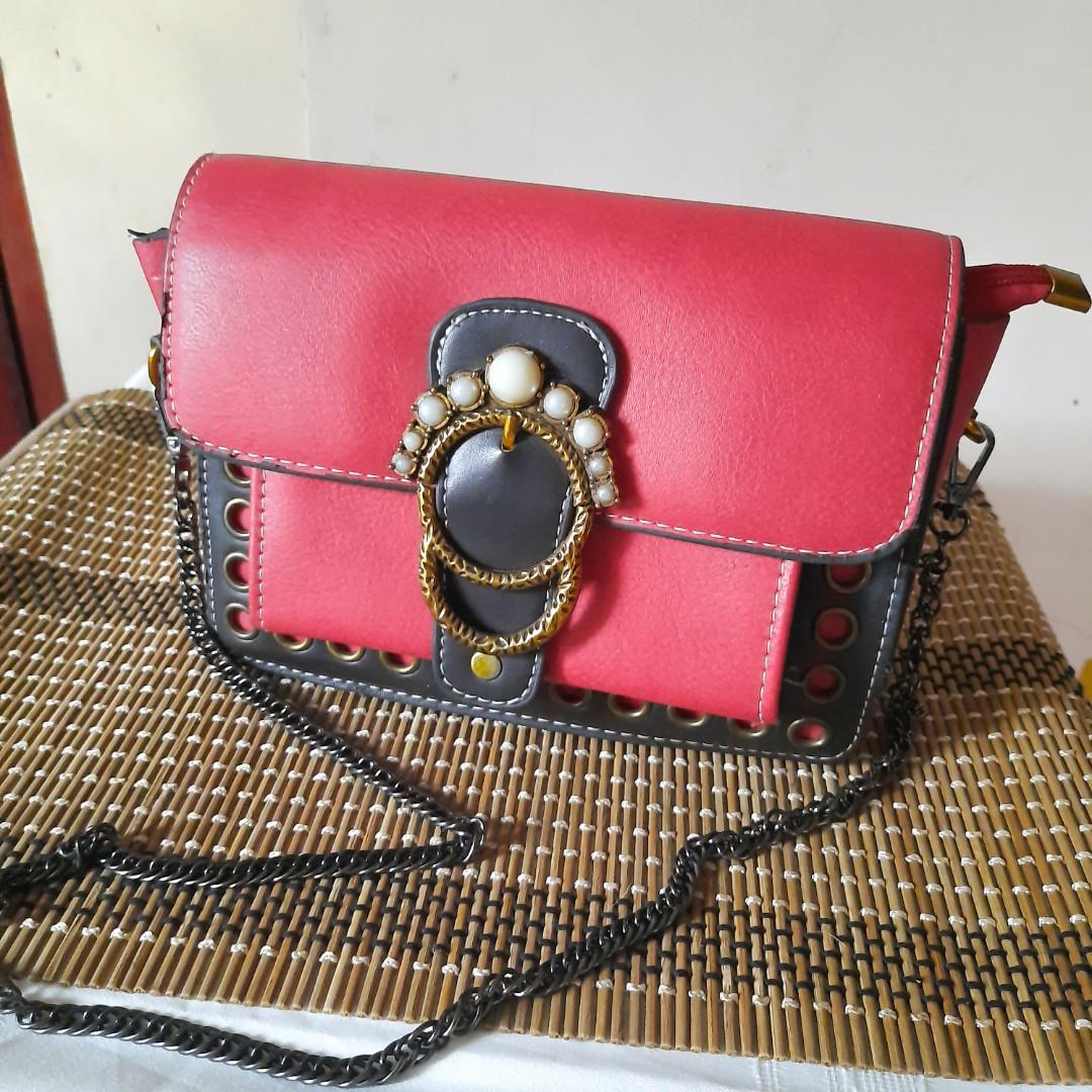 Red Leather Sling Bag, Women's Fashion, Bags & Wallets, Cross-body Bags ...