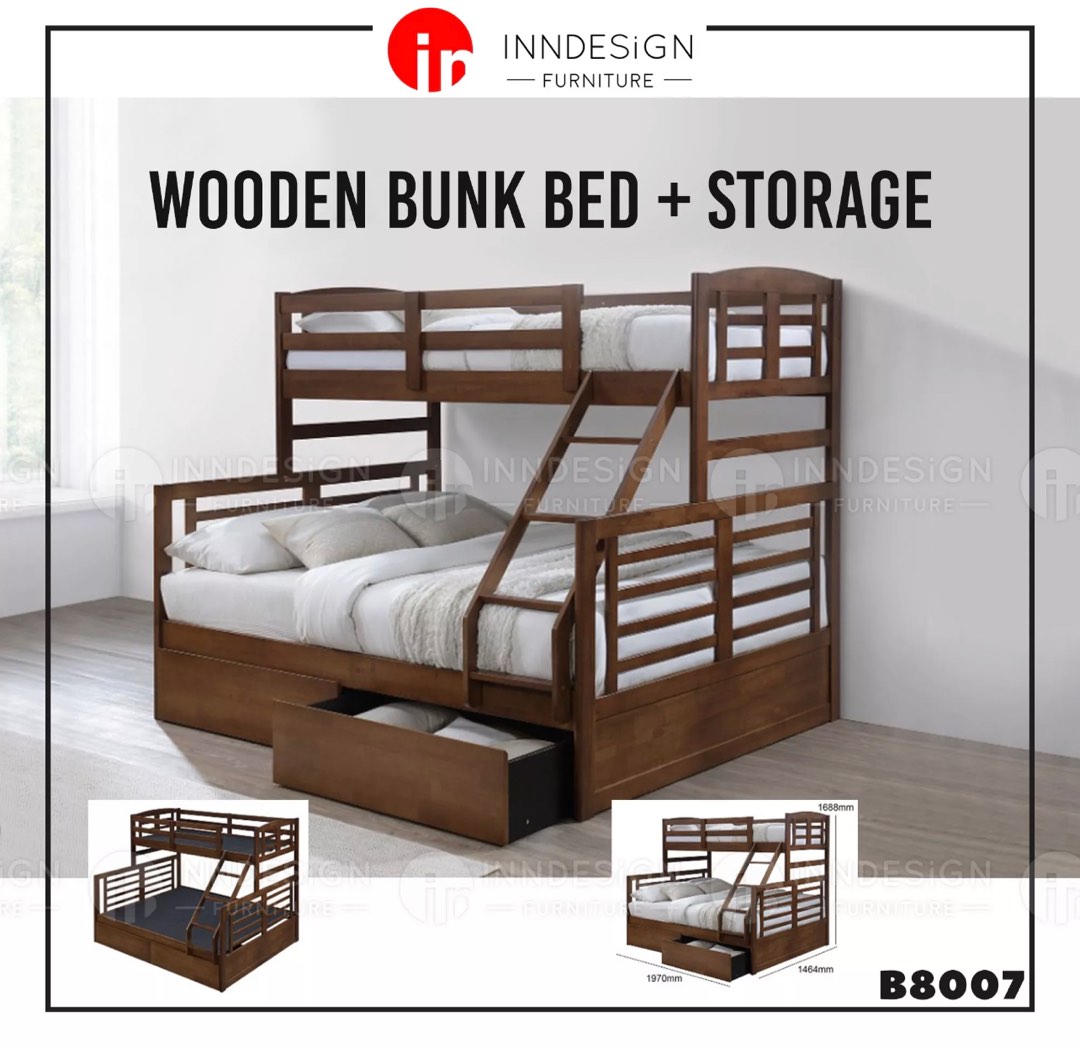 BB-8007 Solid Rubber Wooden Queen and Single Size Bunk Bed With 2 Drawers / Double Deck bed ...