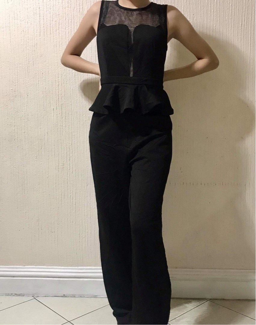 Black Elegant Peplum Mesh Net Jumpsuit, Women's Fashion, Dresses & Sets ...