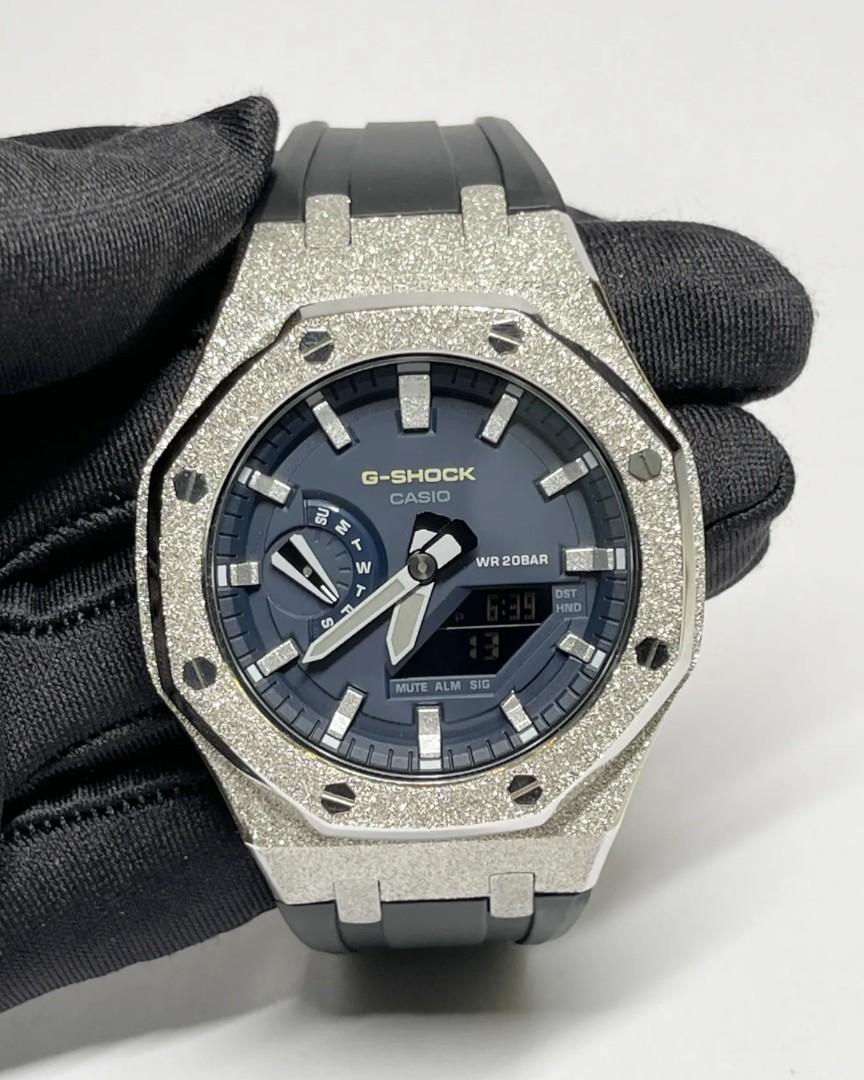 Casioak GA-2100 blue face sliver index in frosted silver bezel black ...