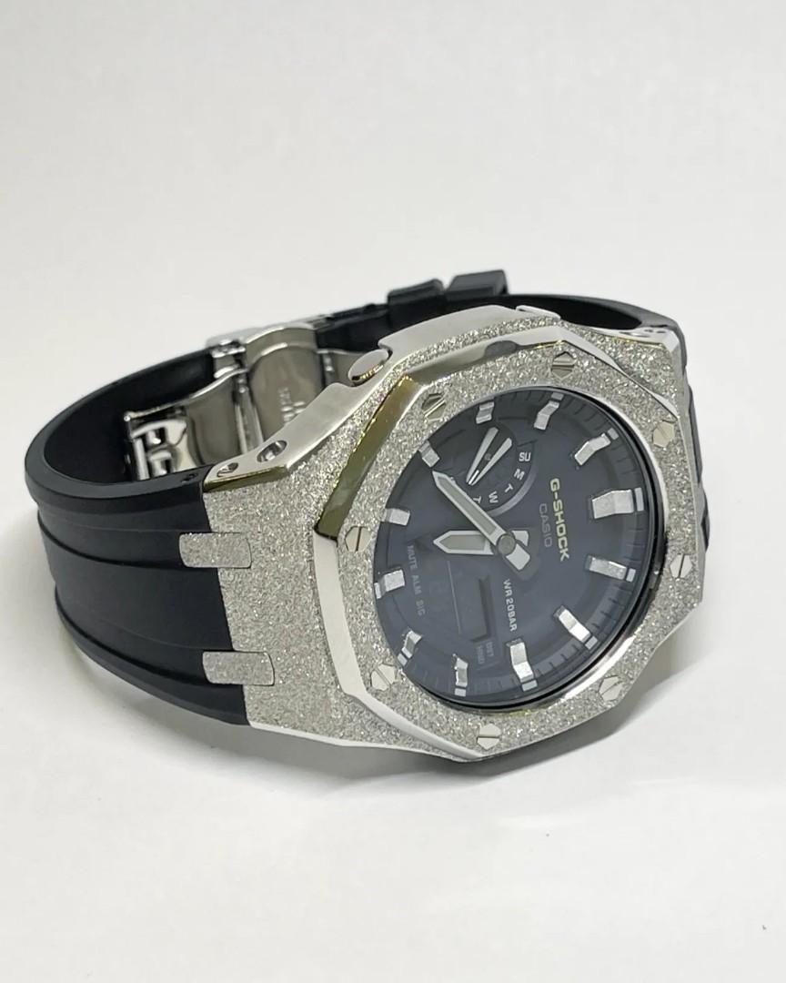 Casioak GA-2100 blue face sliver index in frosted silver bezel black ...
