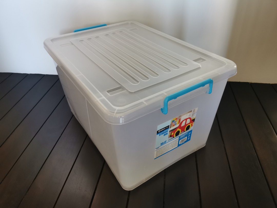 Large plastic storage Box with clip and wheels 55 L, Furniture & Home ...