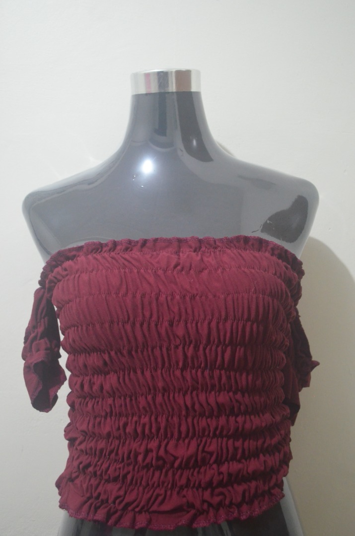 Maroon Ruched Off-Shoulder Tube Top, Women's Fashion, Tops, Blouses on ...