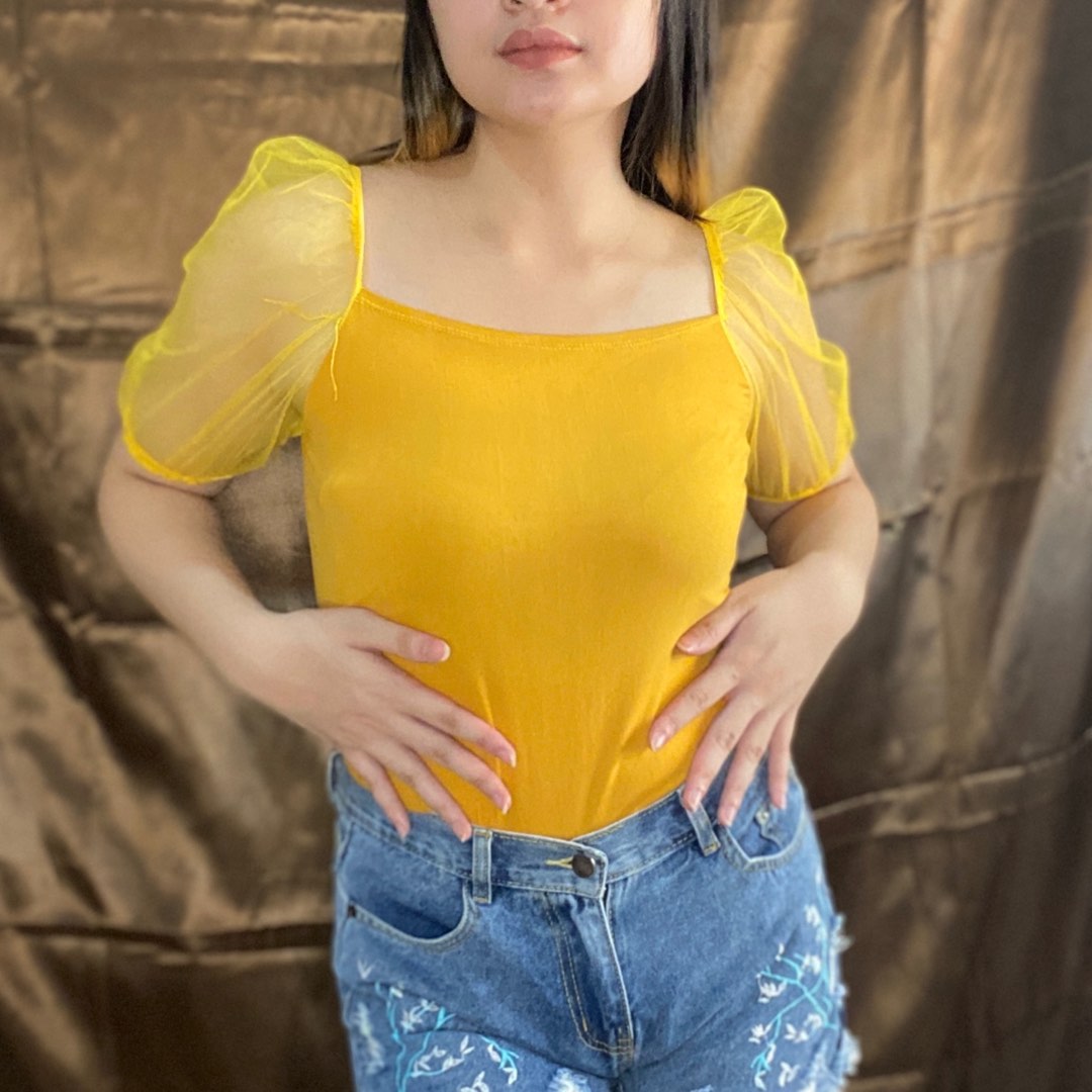 Mesh Puff Sleeves - Mustard, Women's Fashion, Tops, Others Tops on ...