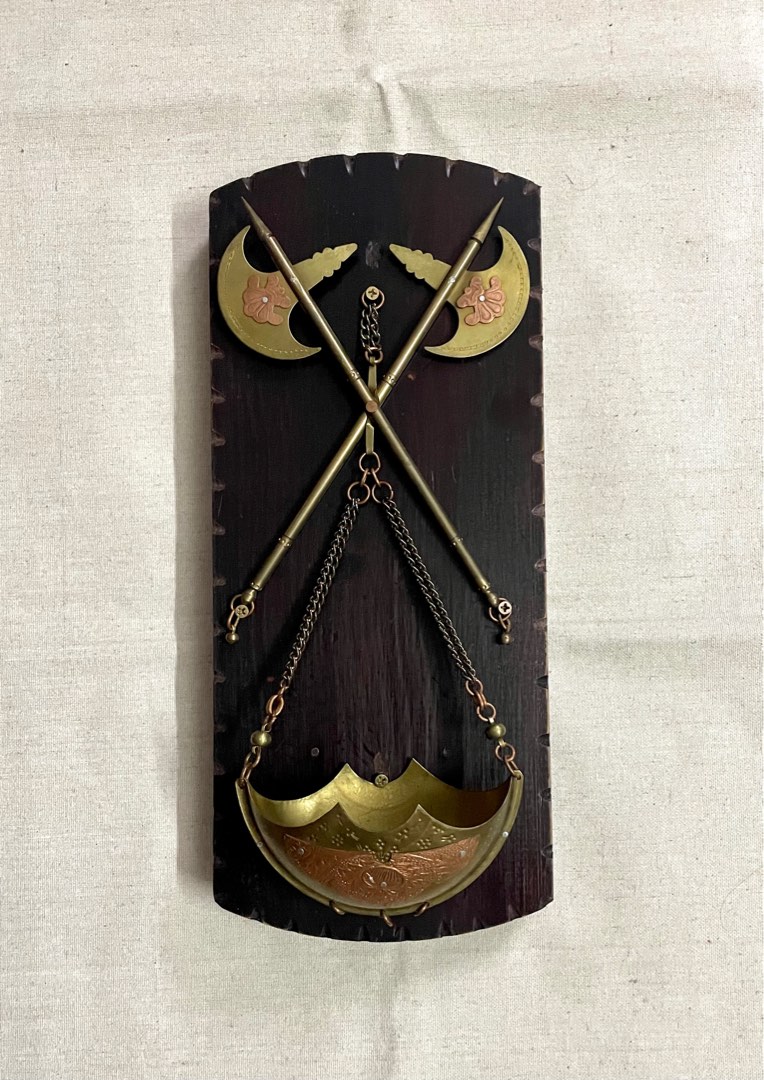 Vintage Spanish Brass Axes with Accessories Wall Deco on Solid Wood ...