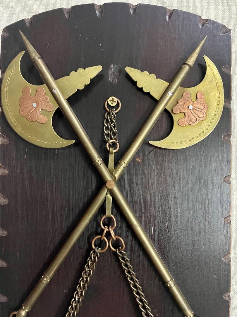 Vintage Spanish Brass Axes with Accessories Wall Deco on Solid Wood ...