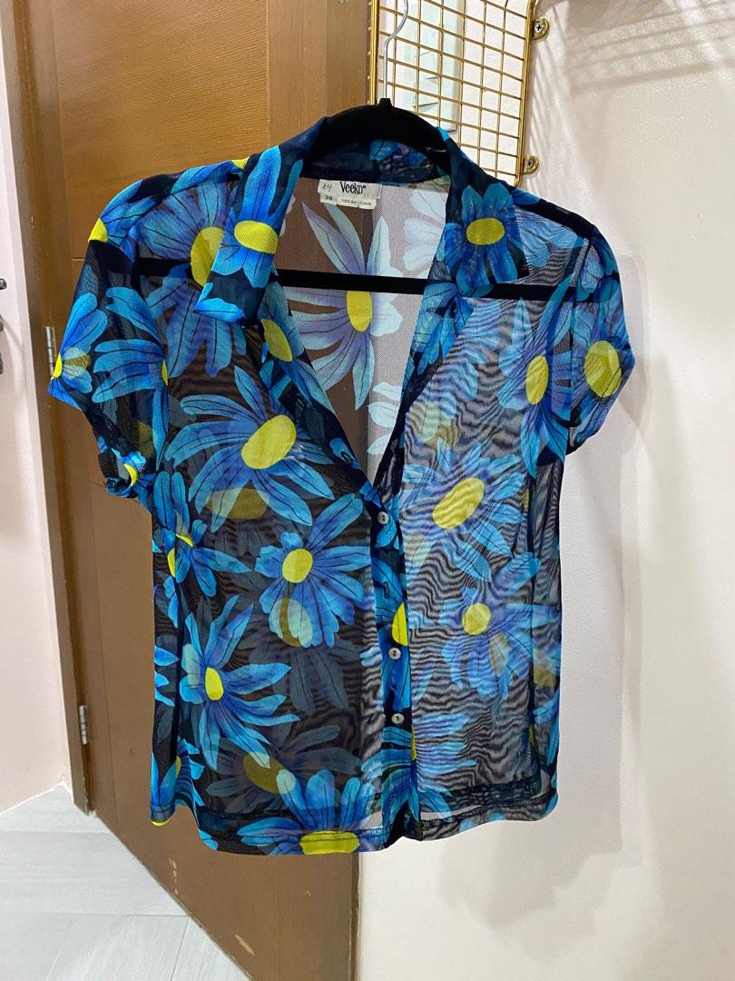 Vintage Veeko Blue and Yellow Floral Mesh Polo Top, Women's Fashion ...