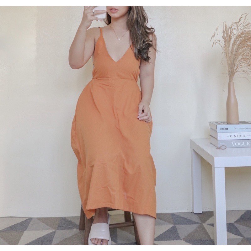 Linen Lab Backtie Dress in Tangerine, Women's Fashion, Dresses & Sets, Dresses on Carousell