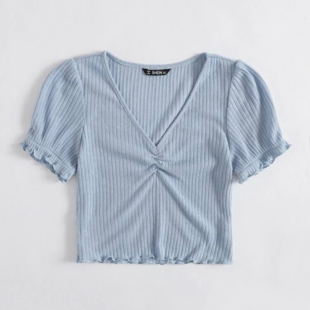 Shein Ribbed Lettuce-Edge Puff Sleeve Top, Women's Fashion, Tops ...