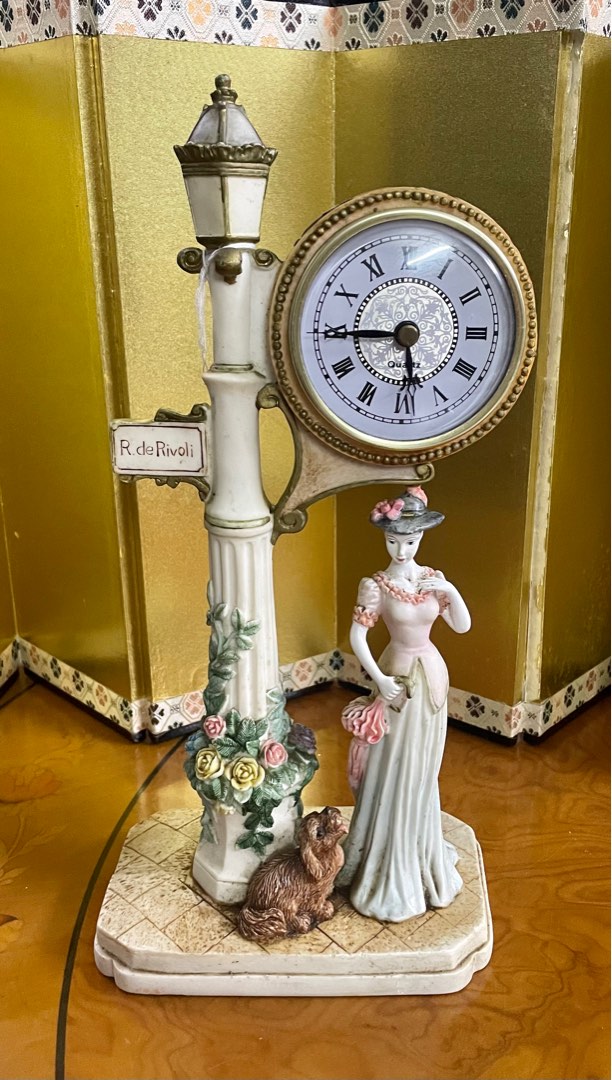 Vintage clock, French themed, lady with dog by lamp post, R de Rivoli ...