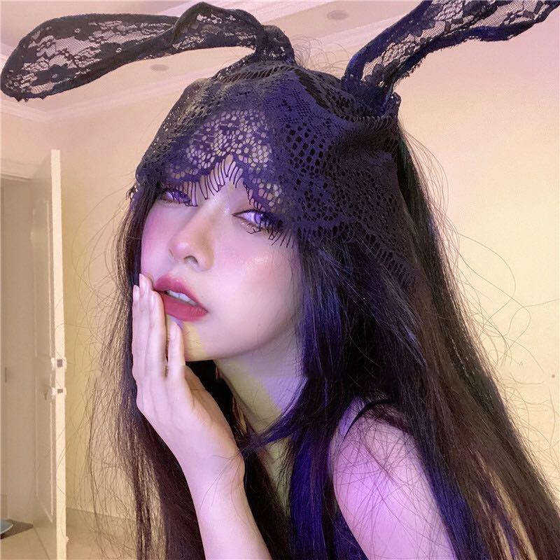 Black Lace Sexy Bunny Ear Headband Cosplay Halloween Womens Fashion