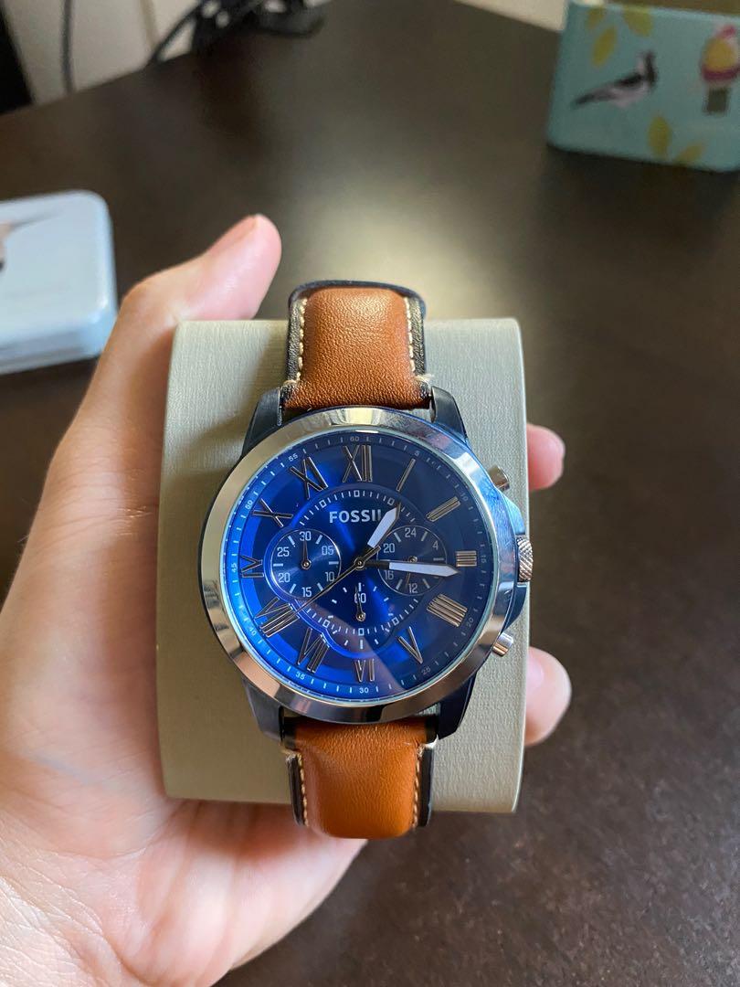 Fossil FS5151 Blue-Dial Leather Watch, Men's Fashion, Watches ...
